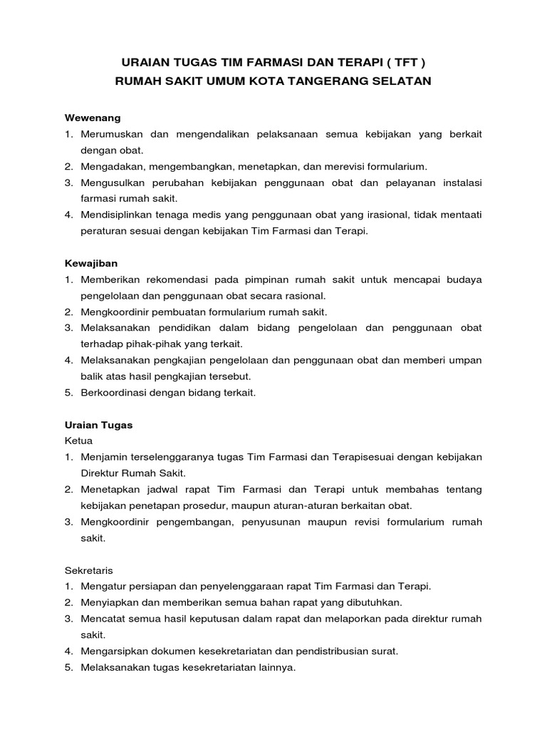 Uraian Tugas Tim Farmasi Dan Terapi (TFT) | PDF