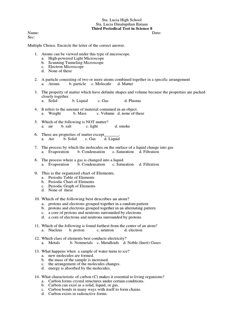 Third Periodical Test Science 8 | PDF | Periodic Table | Atoms