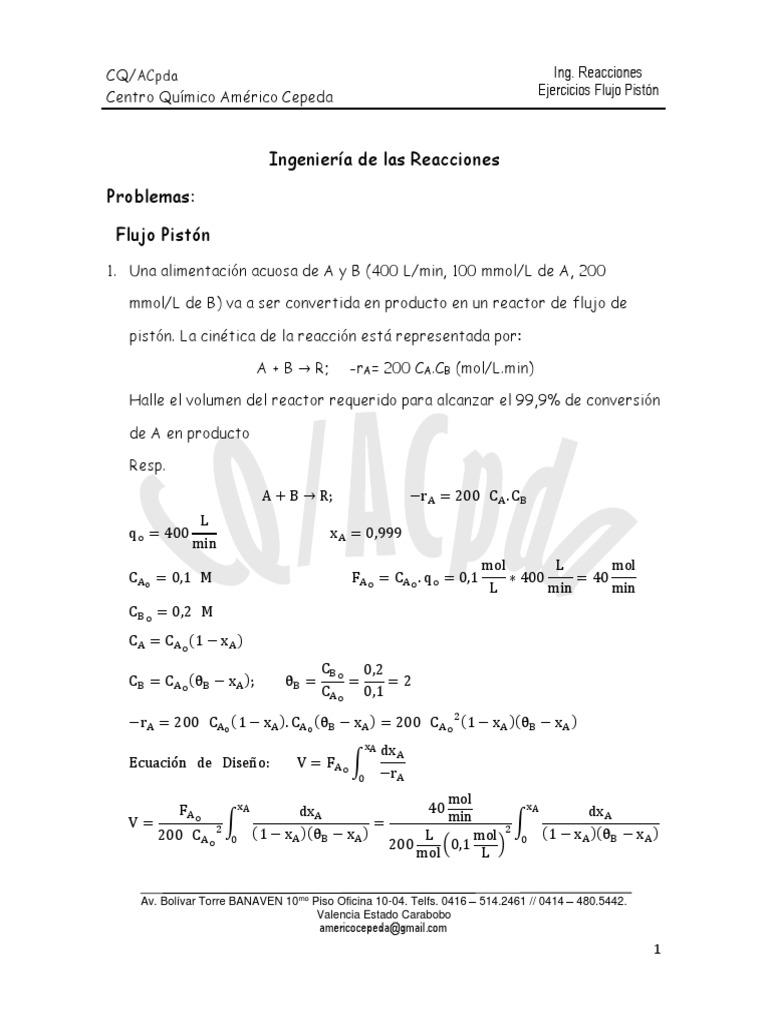 Flujo Piston | PDF | Reactor Quimico | Cinética química