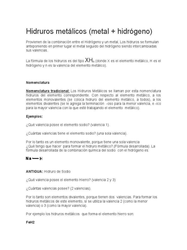 Nomenclatura de Hidruros Metálicos | PDF | Valencia (Química) | Hidruro