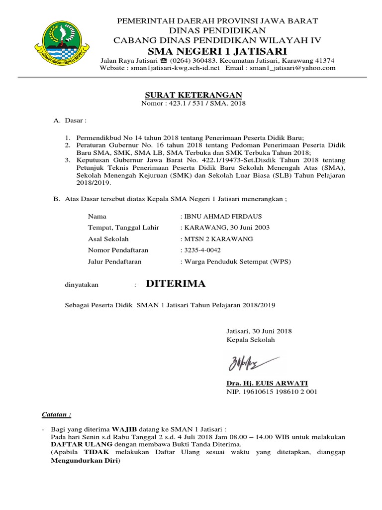 Surat Diterima Jalur Wps | PDF