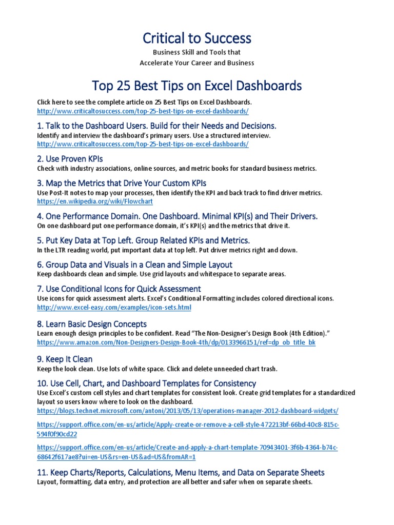 Top 25 Excel Dashboard Tips Sheet | PDF | Microsoft Excel | Icon ...