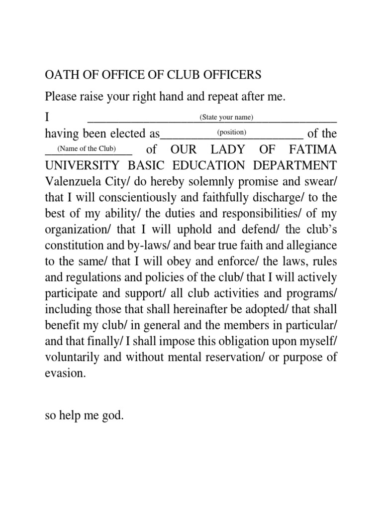 Oath of Office for Club Officers | PDF | Sports & Recreation | Self ...