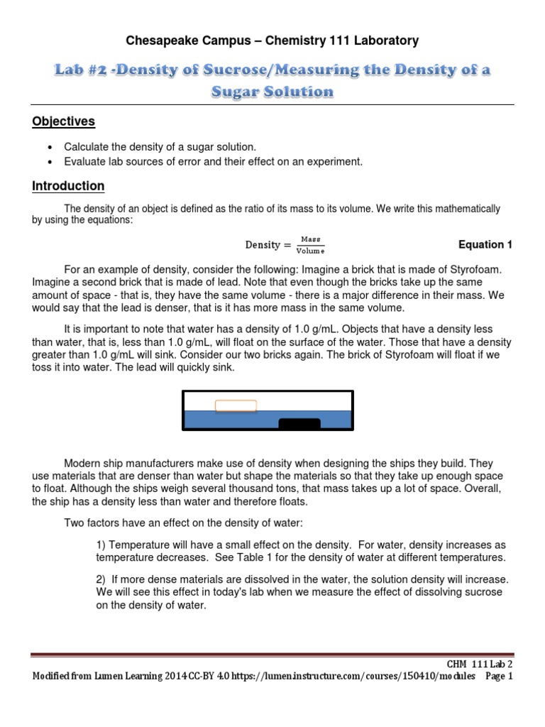 CHM 111 Lab 2 Density of A Sucrose Solution | PDF | Density | Buoyancy