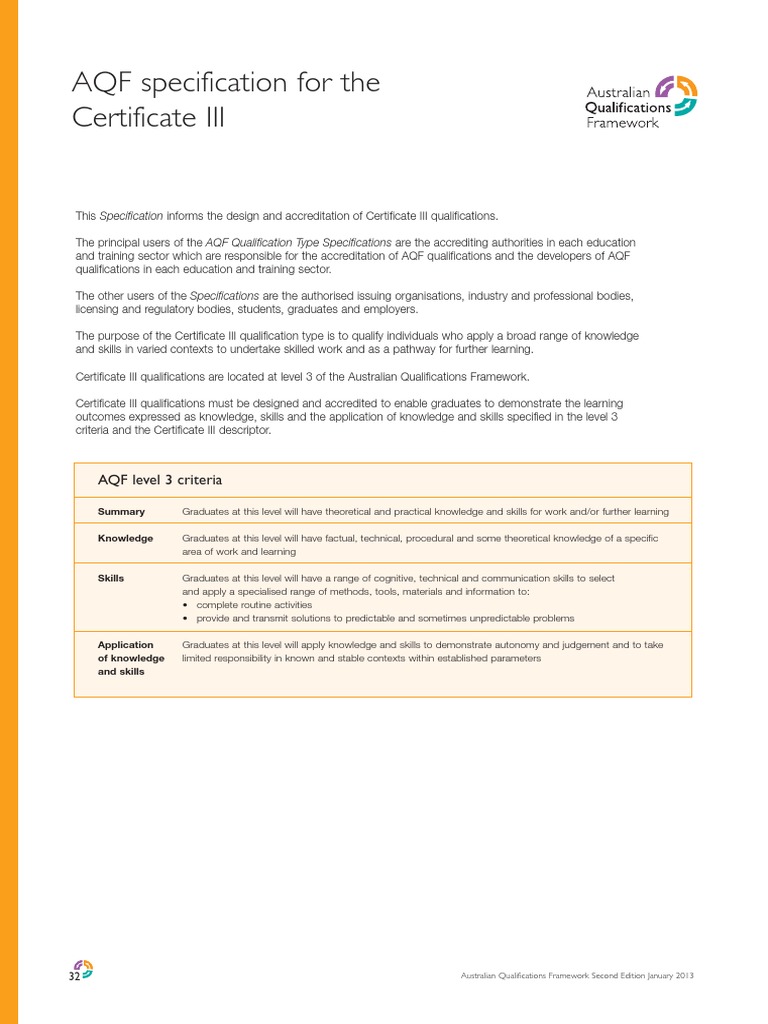 AQF Specification For The Certificate III | PDF