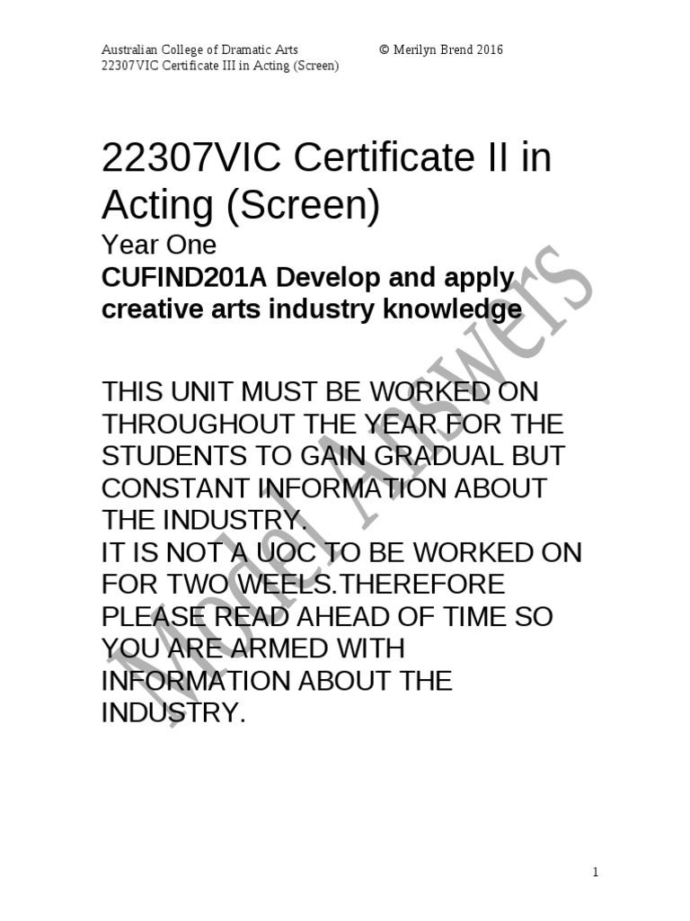 22307VIC Certificate II in Acting (Screen) : CUFIND201A Develop and ...