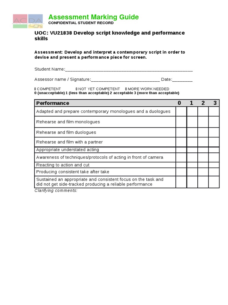 Assessment Marking Guide: UOC: VU21838 Develop Script Knowledge and ...