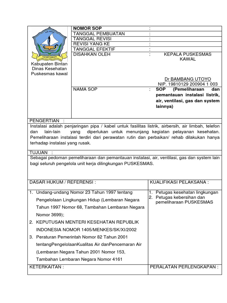 Ep8512 Sop Pemeliharaan Dan Pemantauan Instalasi Listrik, Air, Ventilasi, Gas Dan Sistem Lainnya ...