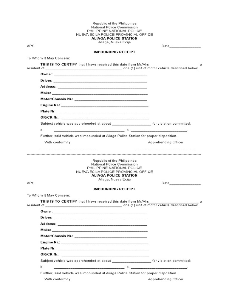 Impounding Receipt | PDF | Driving | Manufactured Goods