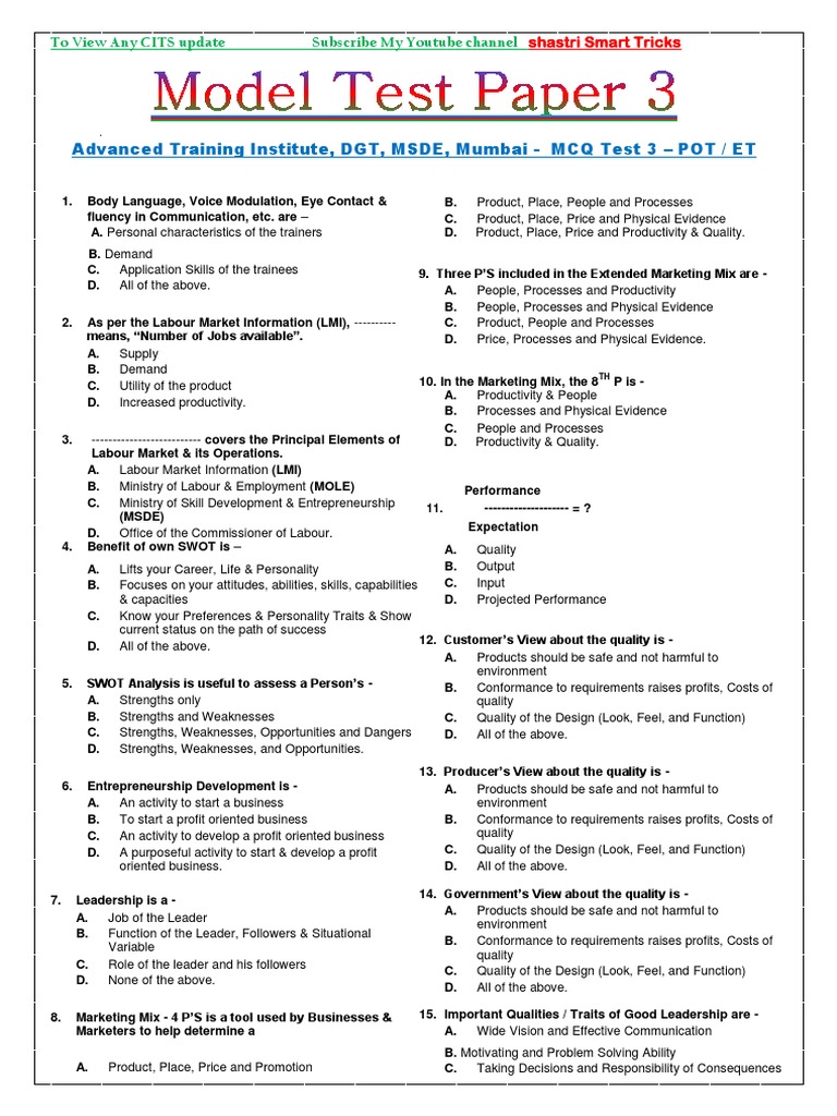 Model Test Paper 3 | PDF | Distance Education | Leadership