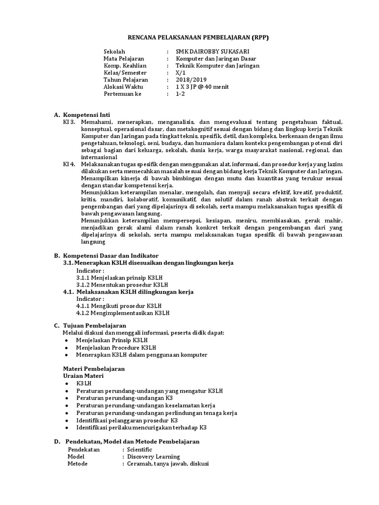 RPP Komputer Dan Jaringan Dasar 3.1 - 4.1 | PDF | Karier & Perkembangan | Komputer