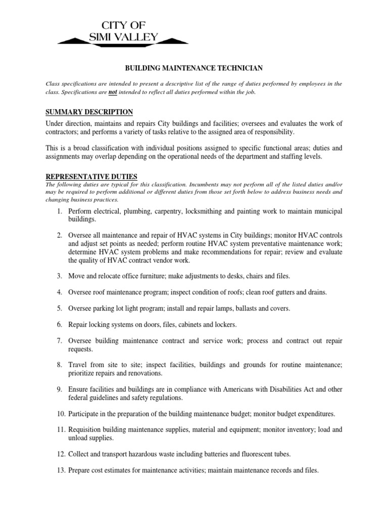 Job Description Building Main | PDF | Hvac | Occupational Safety And Health