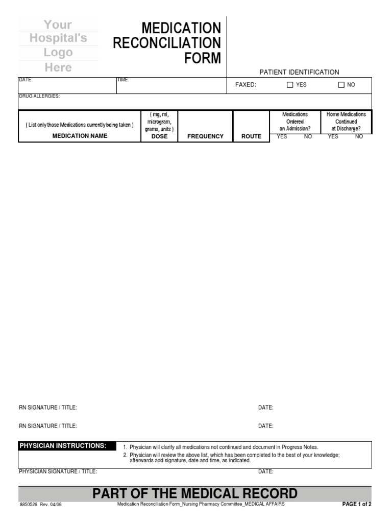 Medication Reconciliation Form: Part of The Medical Record | PDF ...
