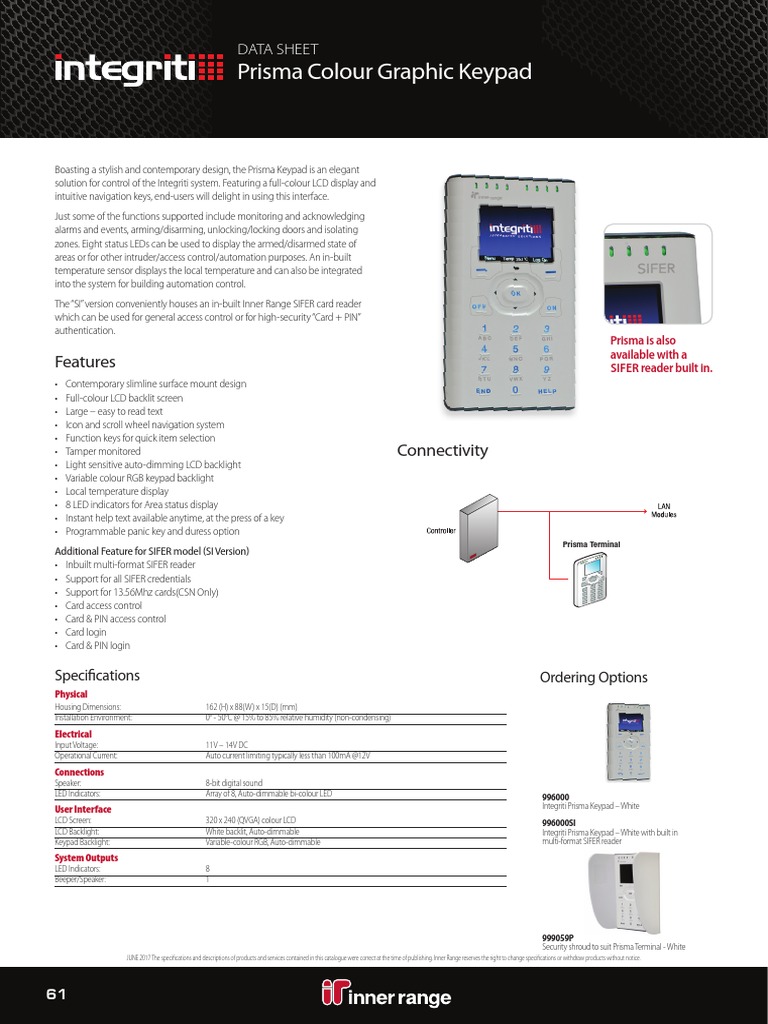 Integriti Prisma Colour Graphic Keypad | PDF | Access Control | Backlight