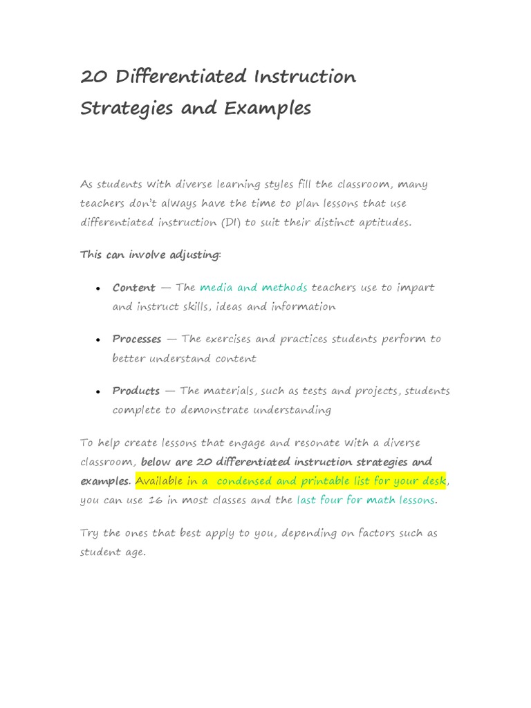 20 Strategies for Differentiated Instruction | PDF | Differentiated ...