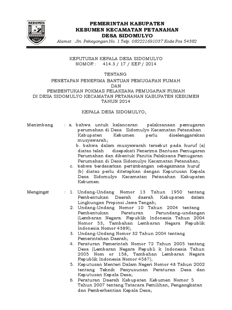 SK Penerima Bantuan RTLH Dan Pokmas | PDF
