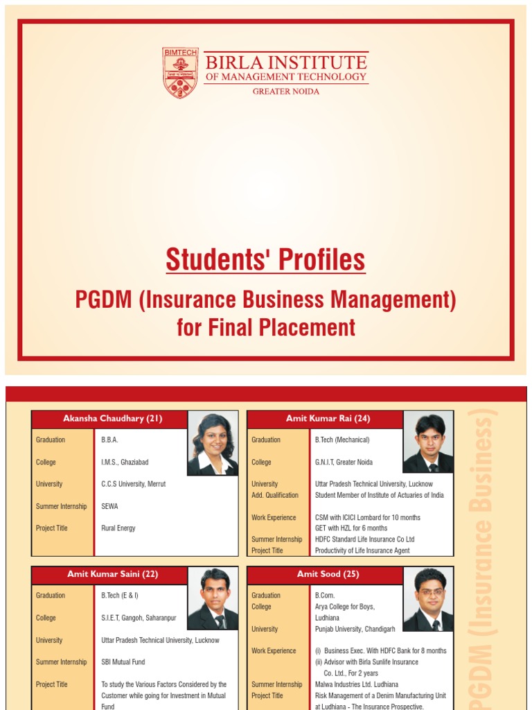 PGDM (Insurance Business Management) For Final Placement: Students ...