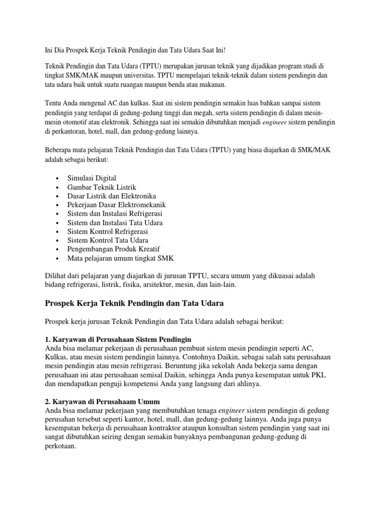 Ini Dia Prospek Kerja Teknik Pendingin Dan Tata Udara Saat Ini | PDF