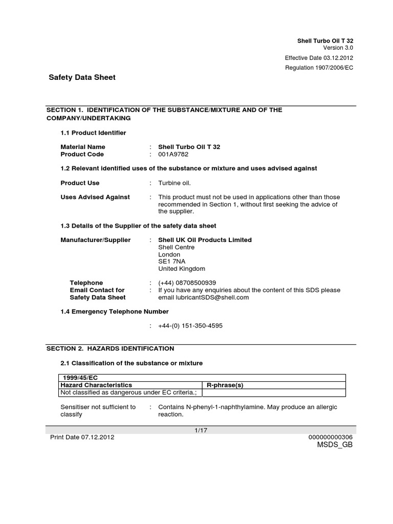 Shell Turbo T32 (MSDS) | PDF | Toxicity | Dangerous Goods