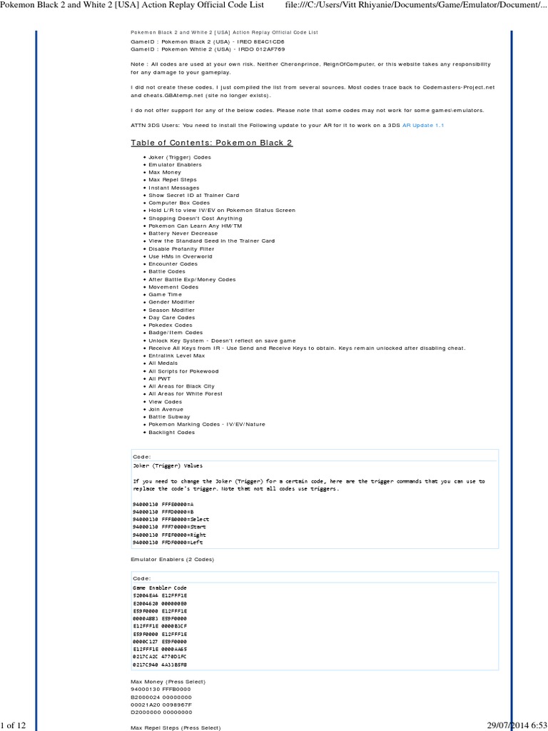 Pokemon Black 2 and White 2 USA Action Replay Official Code List | PDF ...