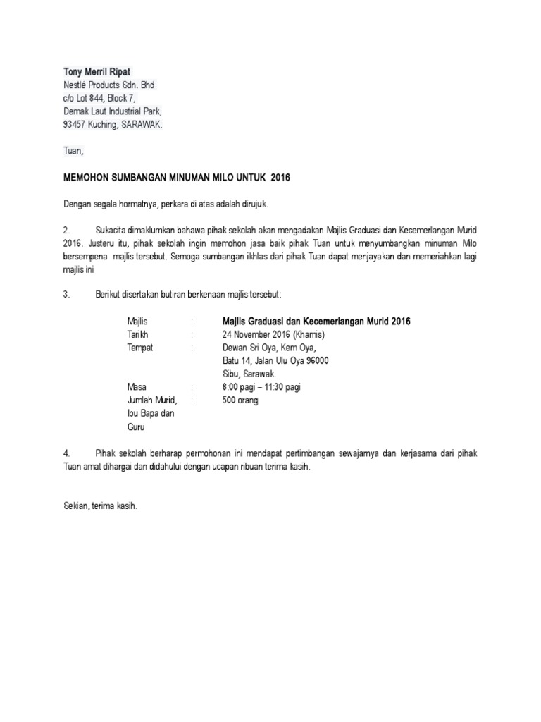 SURAT Mohon Sumbangan Milo | PDF