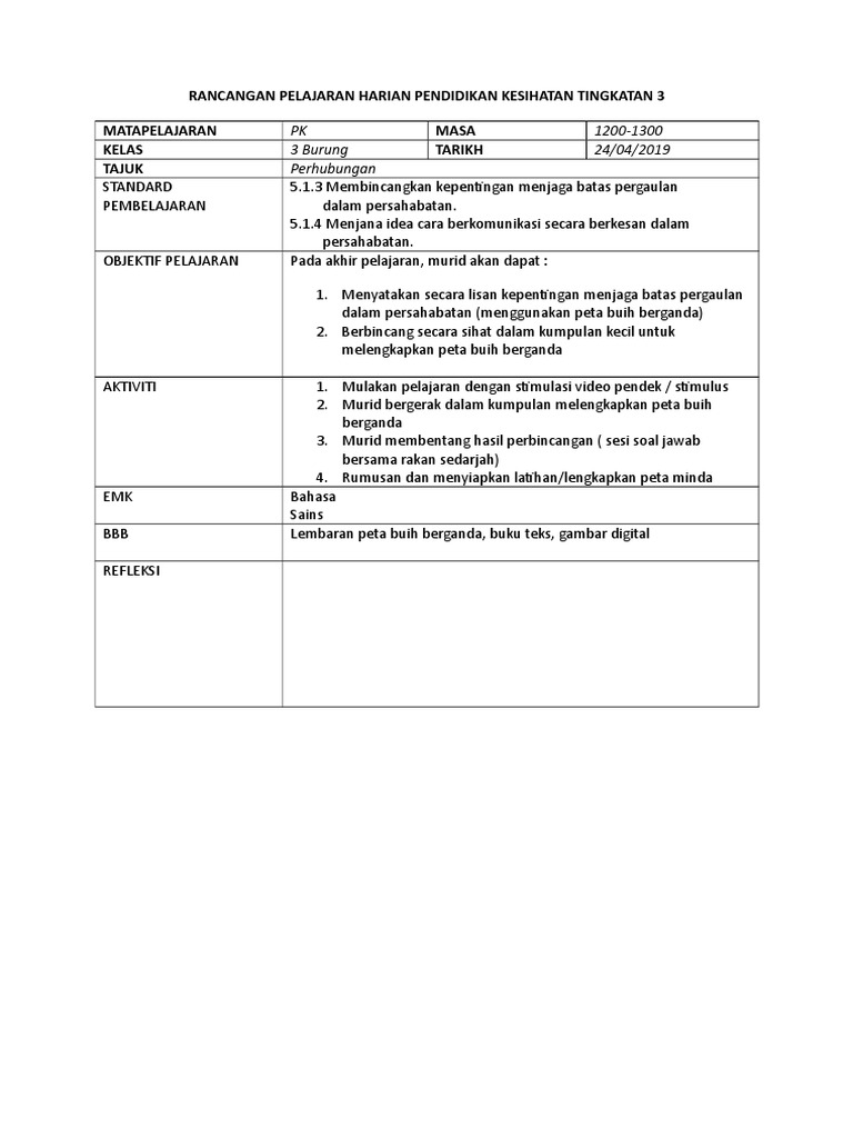 RPH PJK KSSM Ting 3 Pergaulan | PDF