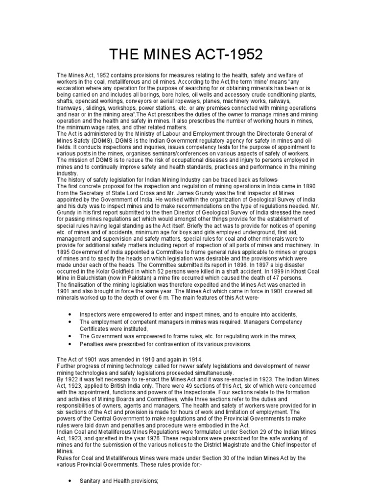 The Mines Act-1952 | PDF | Mining | Occupational Safety And Health