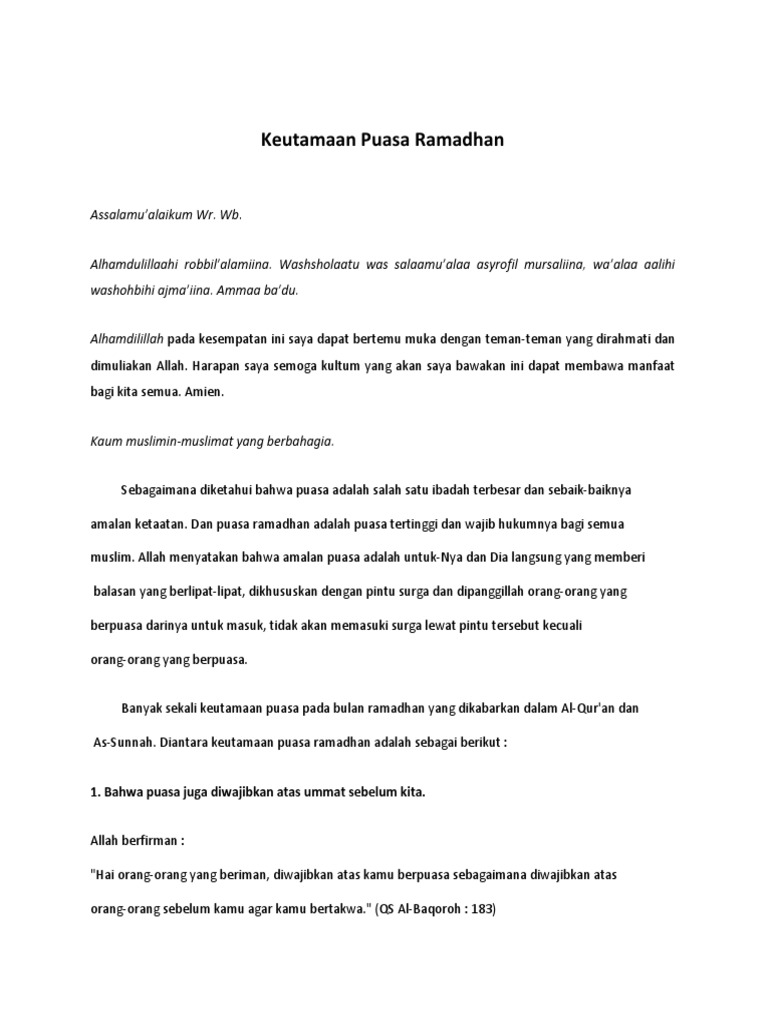 Kultum Keutamaan Puasa Ramadhan | PDF