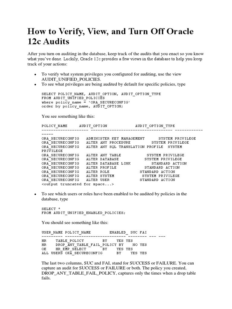 How To Verify, View, and Turn Off Oracle 12c Audits | PDF | Oracle Database | Data Management