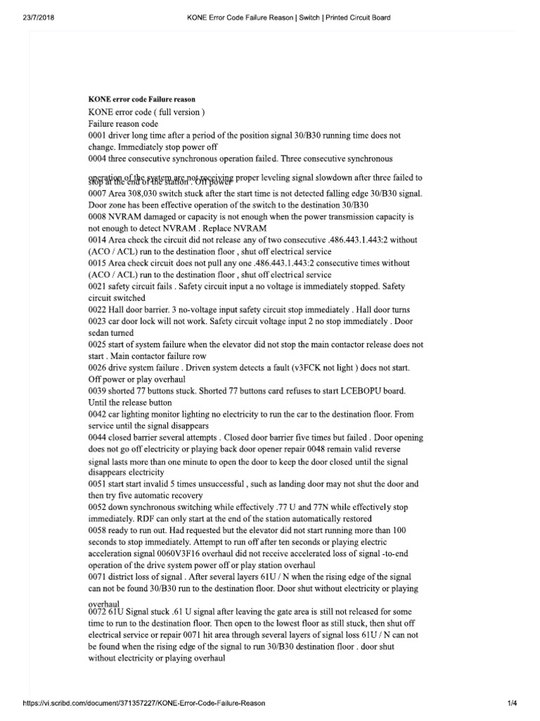 KONE Error Code Failure Reason - Switch - Printed Circuit Board | PDF