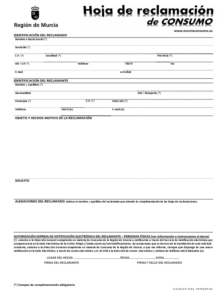 101700-Hoja de Reclamaciones - Ejemplar para Fotocopias y Anexo I | PDF ...