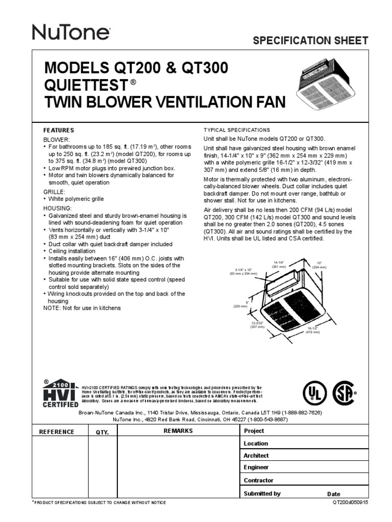 MODELS QT200 & QT300 Quiettest Twin Blower Ventilation Fan ...