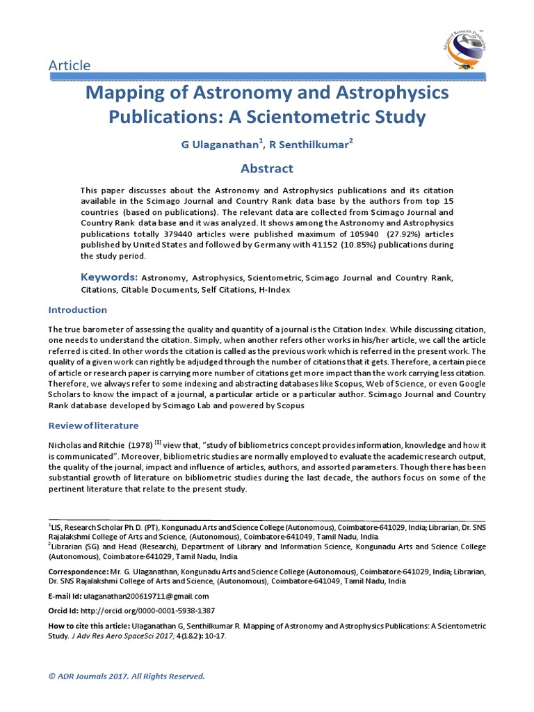 Mapping of Astronomy and Astrophysics Publications: A Scientometric ...
