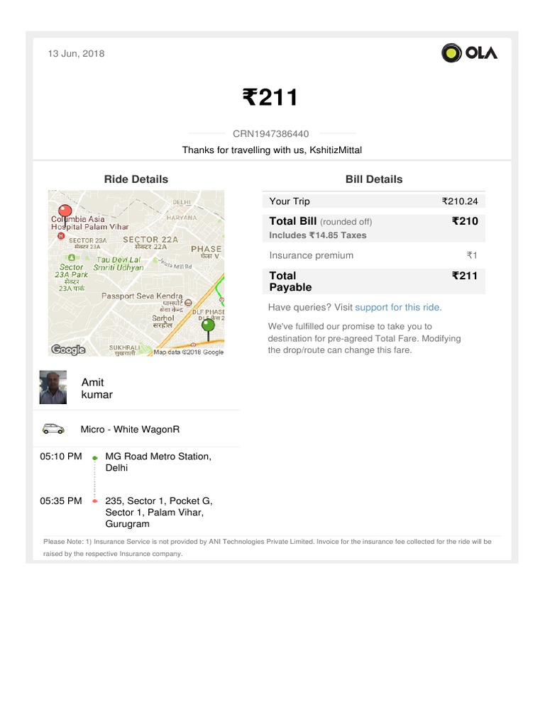 An analysis of a rideshare receipt documenting a trip from Delhi to ...