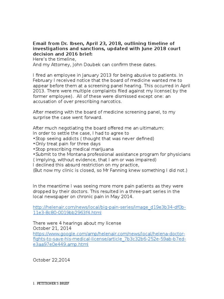 Dr. Ibsen's License Investigation Timeline | PDF | Testimony | Physician