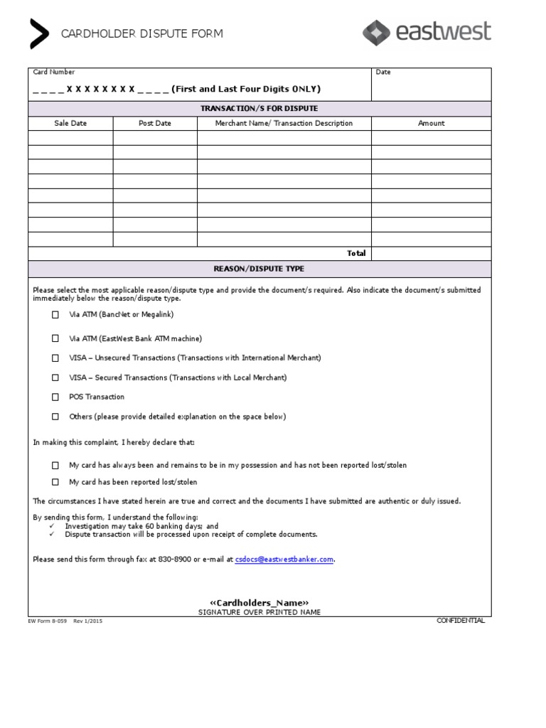 EastWest Bank Cardholder Dispute Form | PDF | Finance & Money Management