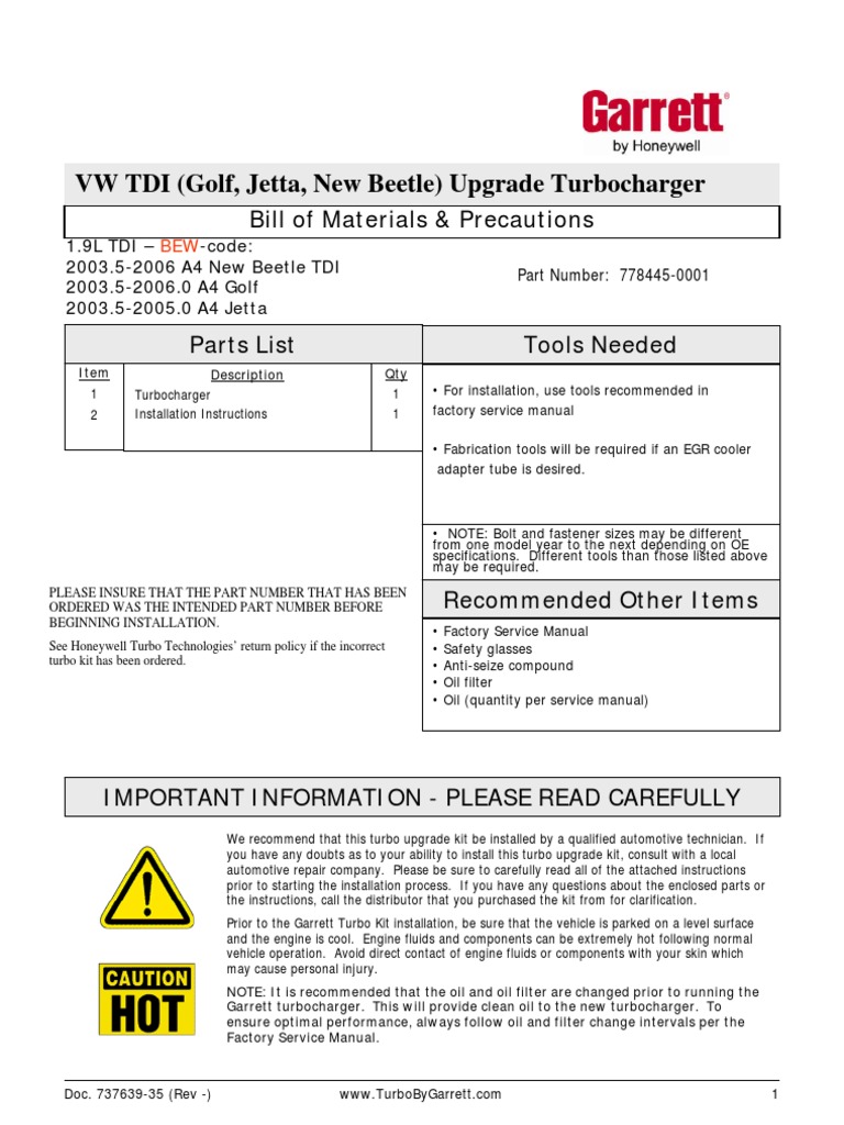 TDI BEW Upgrade Installation Instructions | PDF | Turbocharger | Volkswagen