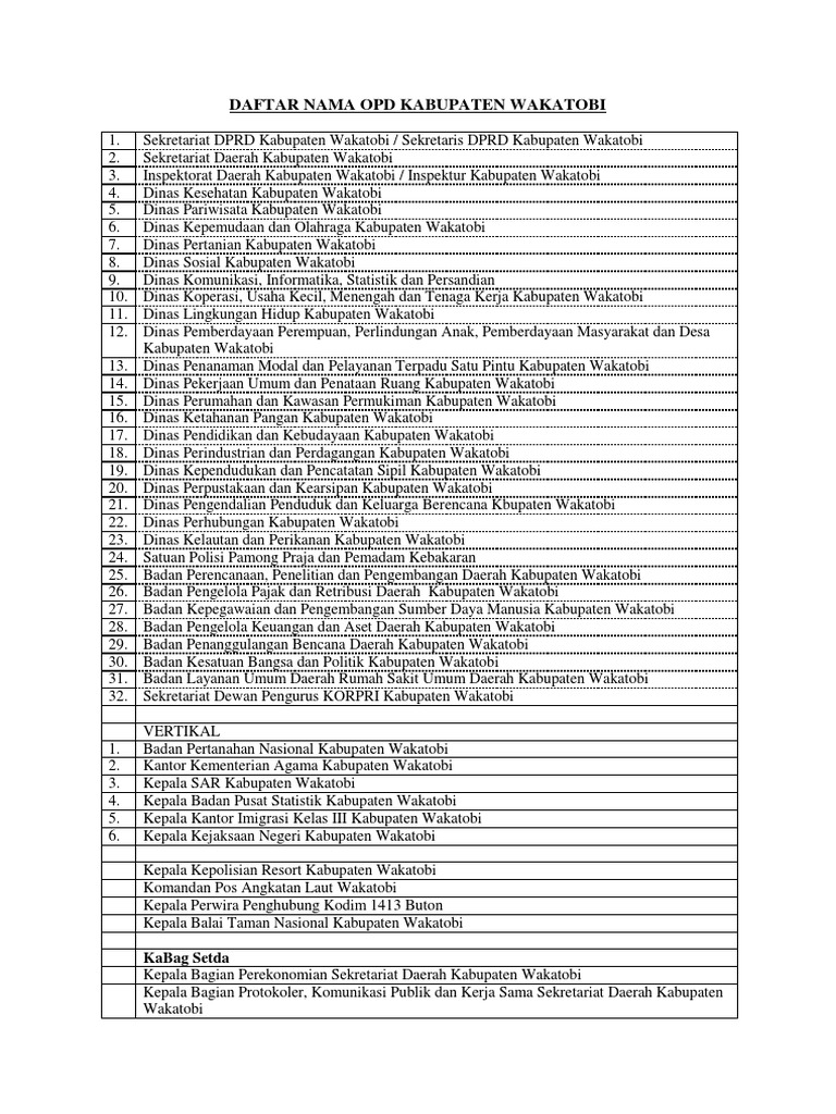 Daftar Nama SKPD - Opd Kabupaten Wakatobi | PDF
