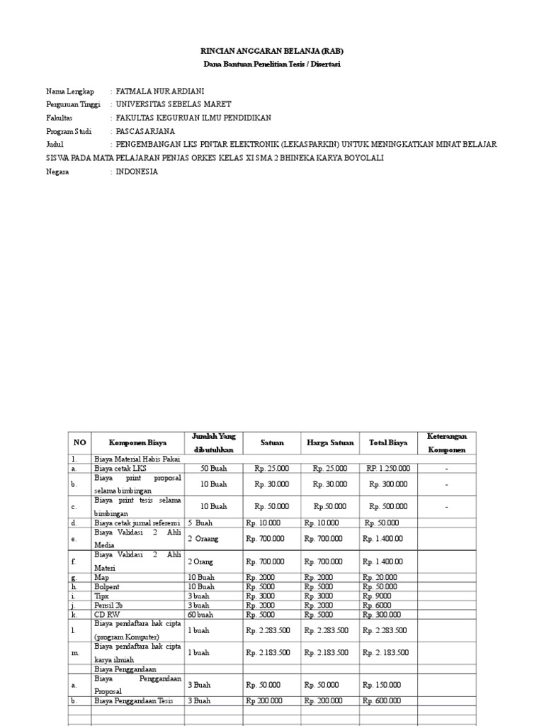 Rincian Anggaran Belanja (Rab) Dana Bantuan Penelitian Tesis ...