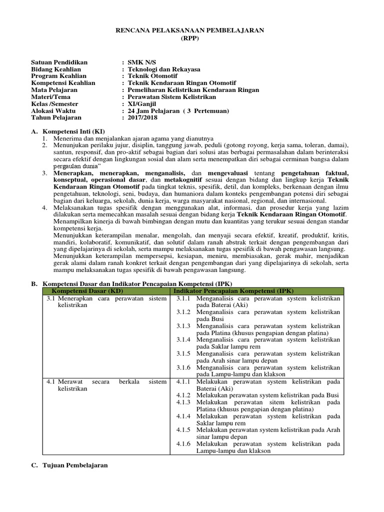 Contoh RPP SMK Pemeliharaan Kelistrikan Kendaraan Ringan 11 | PDF ...