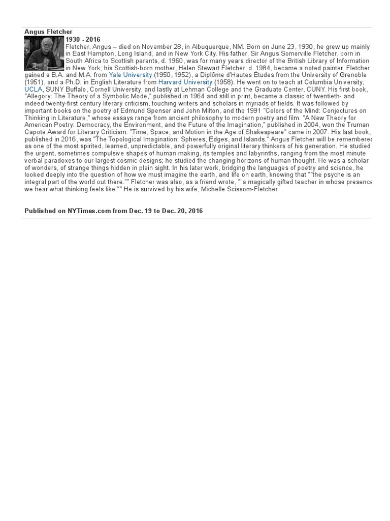 Angus Fletcher Obituary by The New York Times | PDF | Thought | Poetry