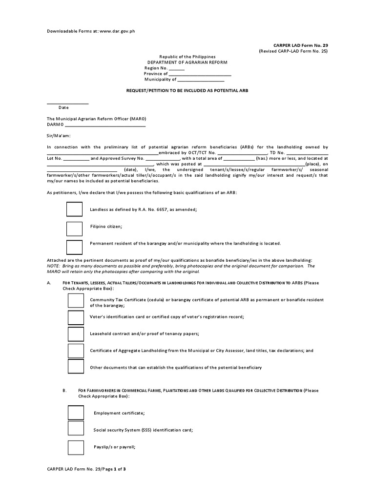 CARPER LAD Form No. 29 Request-Petition To Be Included As P ARBs ...