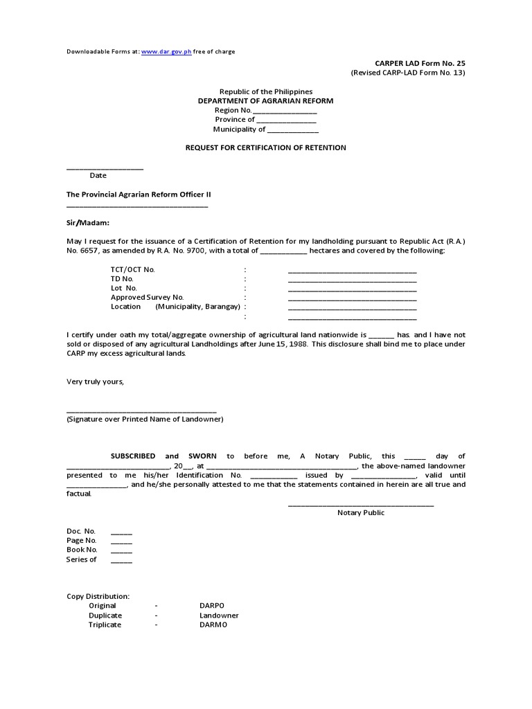 CARPER LAD Form No. 25 Request For Cert - of Retention | PDF | Notary ...
