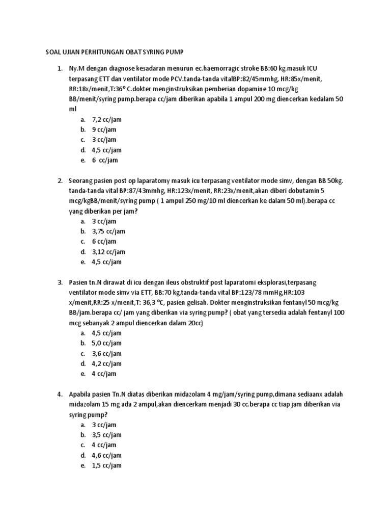 Soal Ujian Perhitungan Obat Melalui Syring Pump | PDF
