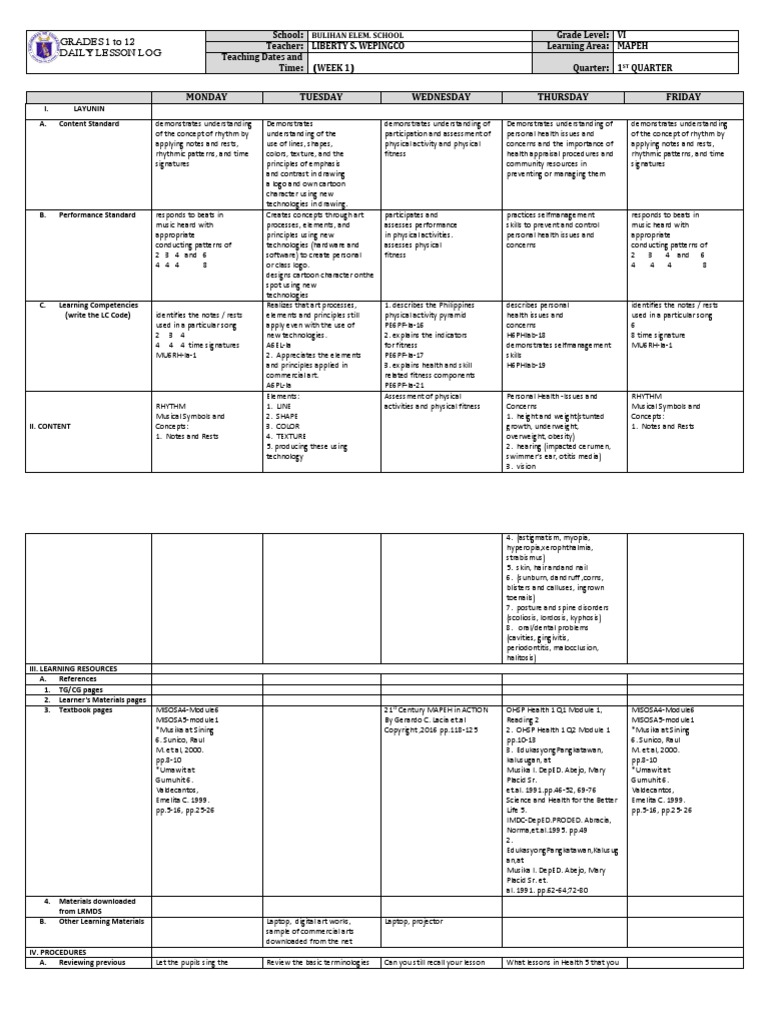 Dll Mapeh 6 Whole Year | Teachers | Physical Education