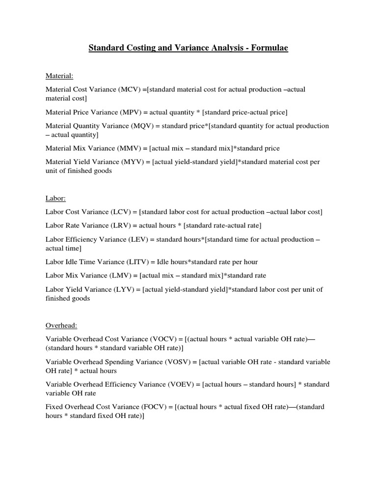 Standard Costing Variance Analysis Formulas | PDF | Variance | Business ...
