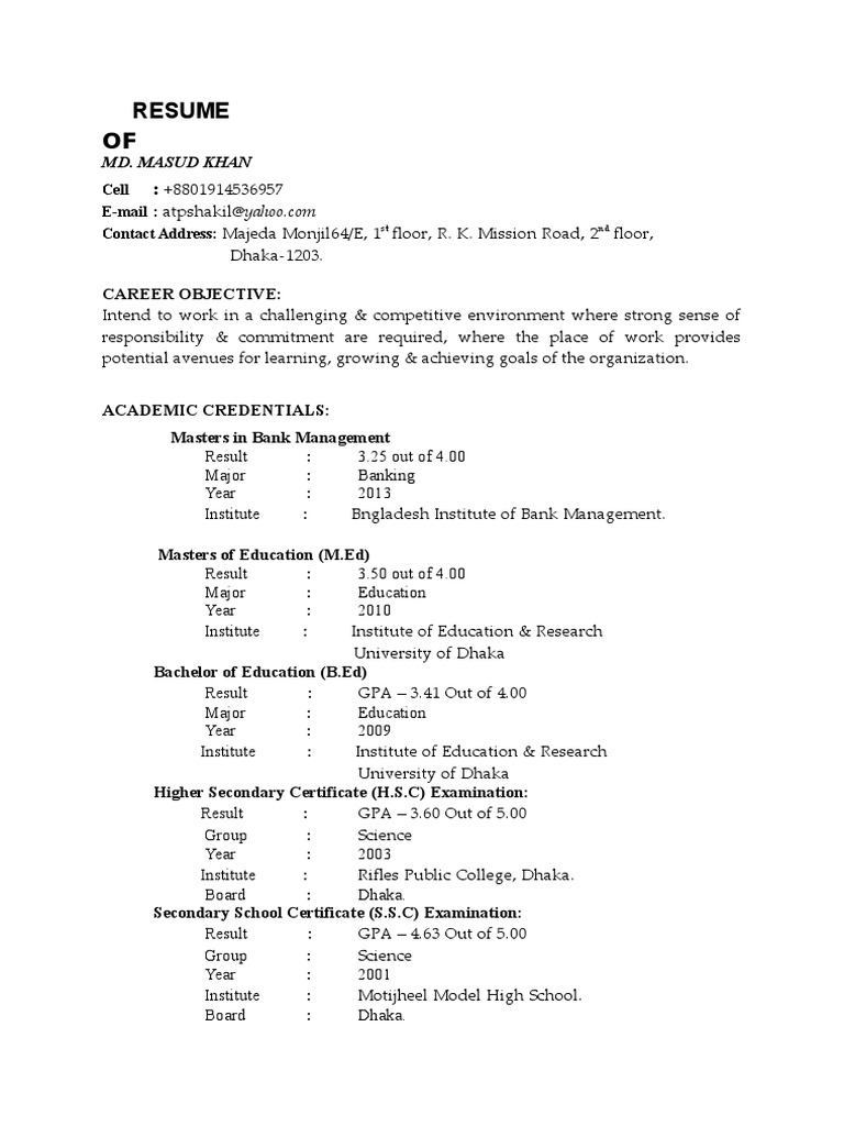 Resume of Md. Masud Khan | PDF | Behavior Modification | Learning