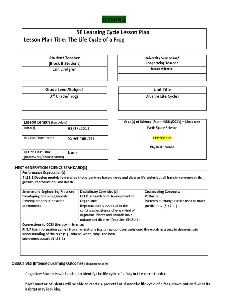 Frog Life Cycle Lesson Plan for 3rd Grade | PDF | Educational ...