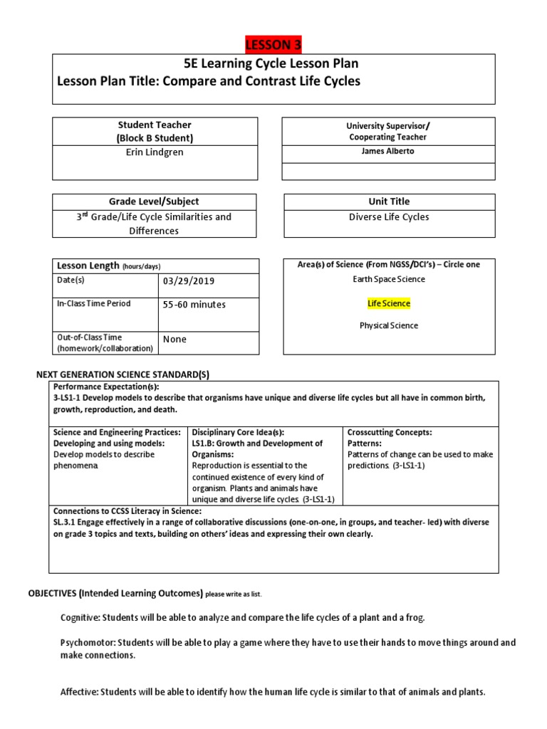 Diverse Life Cycles 3 Lesson Unit - Lesson 3 | PDF | Educational ...