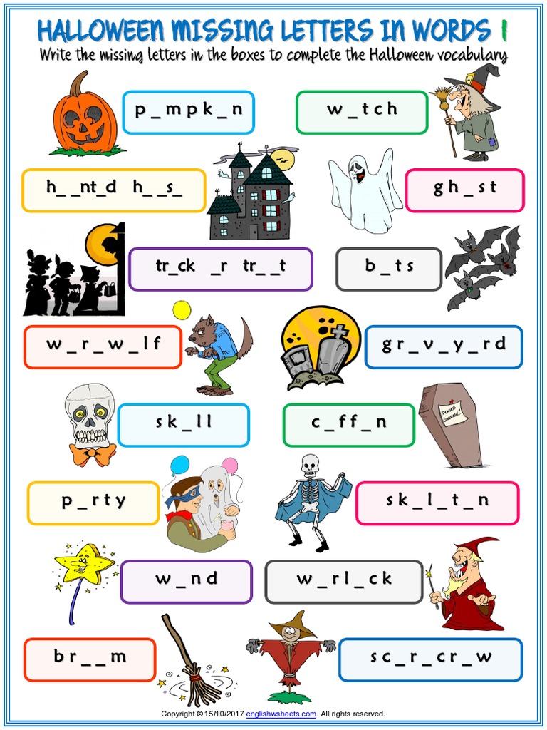 Halloween Vocabulary Esl Missing Letters in Words Worksheets For Kids ...